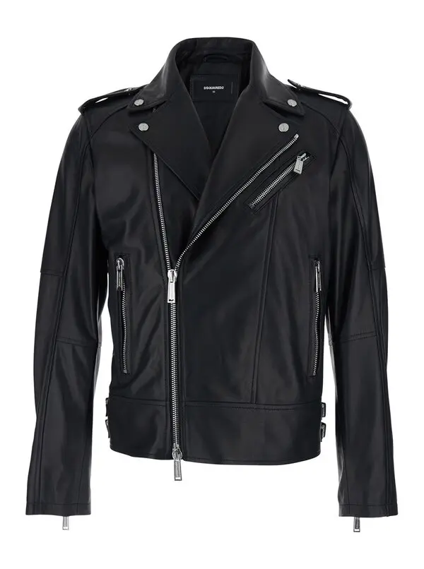 Dsquared2 Black Leather Biker Jacket With Silver Hardware