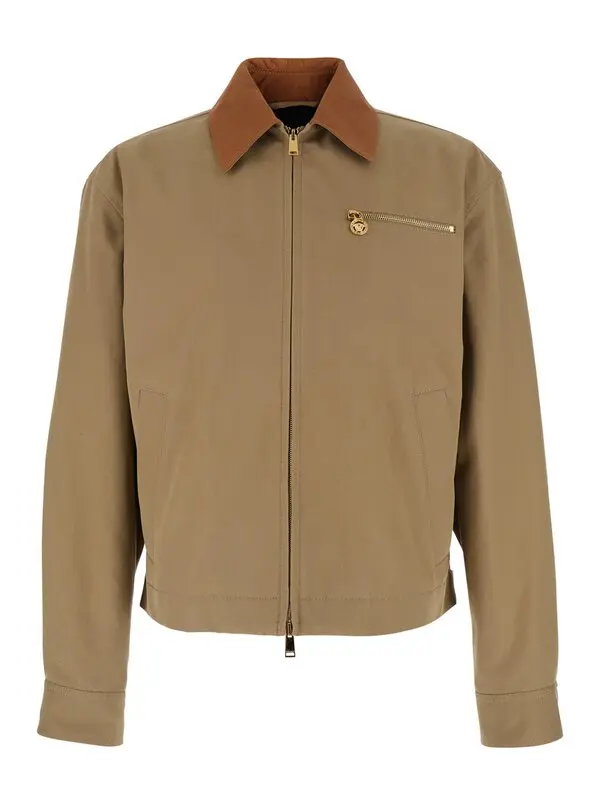 Versace Cotton Jacket With Leather Collar And Medusa Head Detail - Multicolor