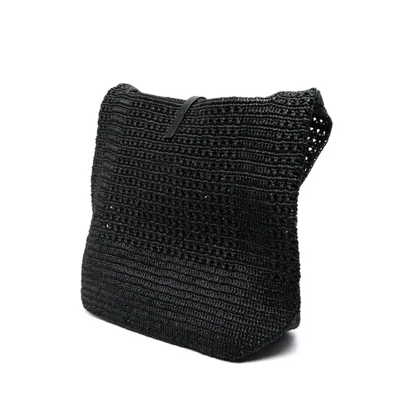 Saint Laurent Raffia Shoulder Bag With Cassandre Logo Plaque - Black