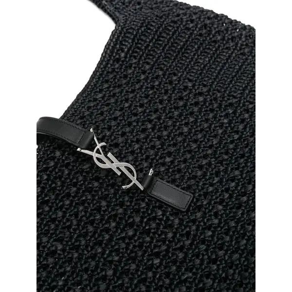 Saint Laurent Raffia Shoulder Bag With Cassandre Logo Plaque - Black
