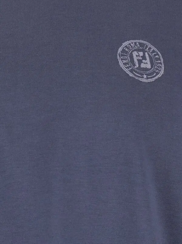 Fendi Blue Crewneck T-shirt With Logo Print On The Front And Logo Patch On The Rear In Cotton - Multicolor