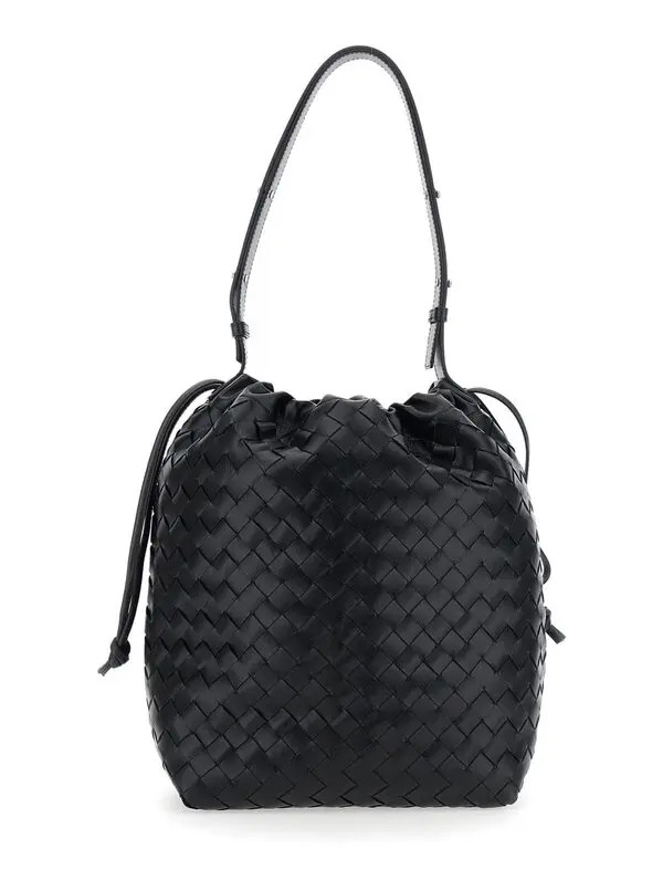 Bottega Veneta Leather Shoulder Bag With Intrecciato Motif - Black