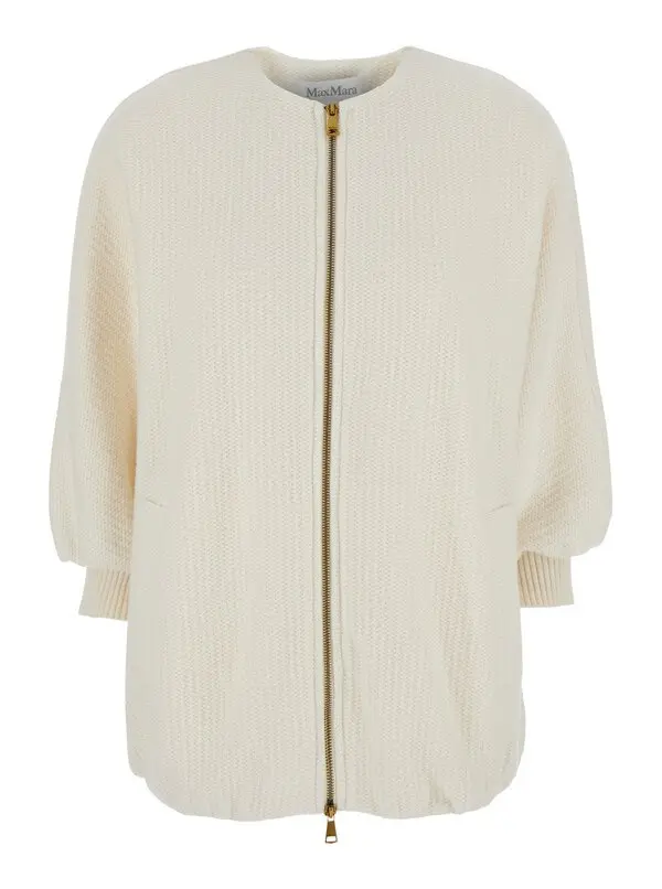 Max Mara Wool And Cashmere Crewneck Knit Jacket With Rear Logo Patch - Multicolor