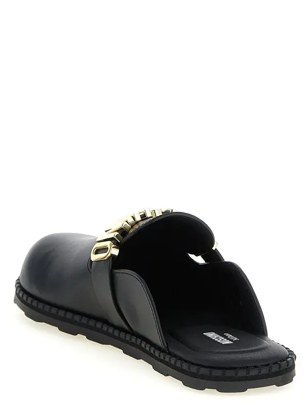 Moschino Leather Sabots With Metal Lettering Logo