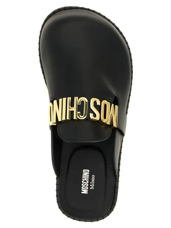 Moschino Leather Sabots With Metal Lettering Logo