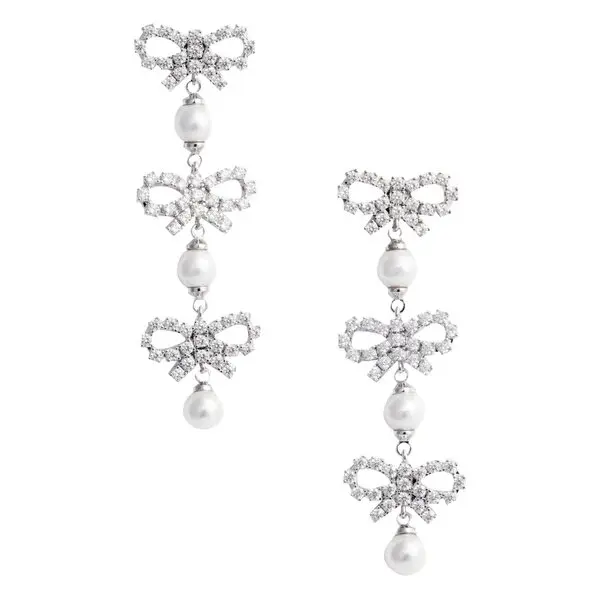 SELF-PORTRAIT Micro Bow Pearl Drop Earrings - Silver