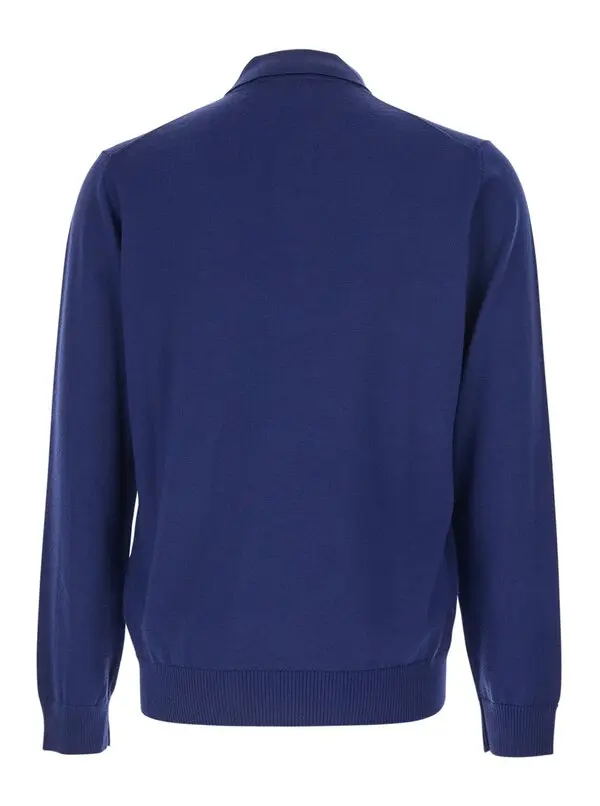 Fendi Blue Long Sleeve Polo With Classic Collar And Ff Plate On The Front In Wool For - Multicolor