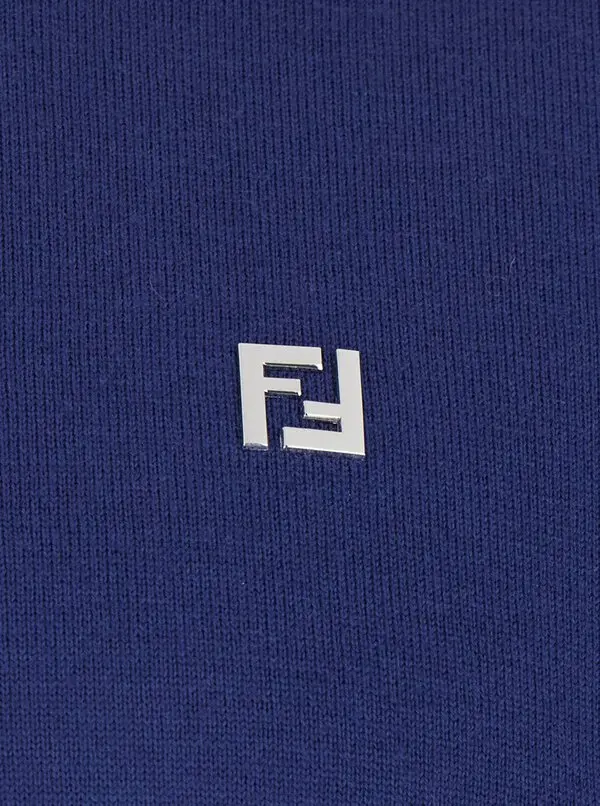 Fendi Blue Long Sleeve Polo With Classic Collar And Ff Plate On The Front In Wool For - Multicolor