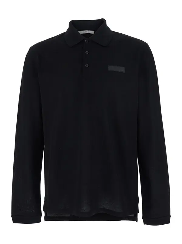 Givenchy Black Polo Shirt With Logn Sleeves And Chest Logo Patch In Cotton