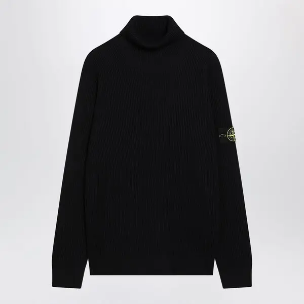 Stone Island Virgin Wool Turtleneck Sweater With Compass Logo Badge - Blue
