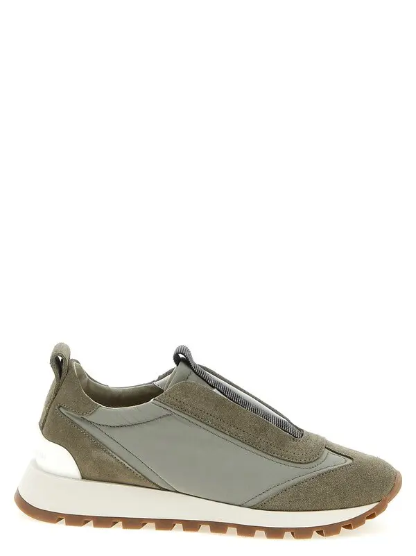 Brunello Cucinelli Techno Fabric And Suede Slip-on Sneakers - Green