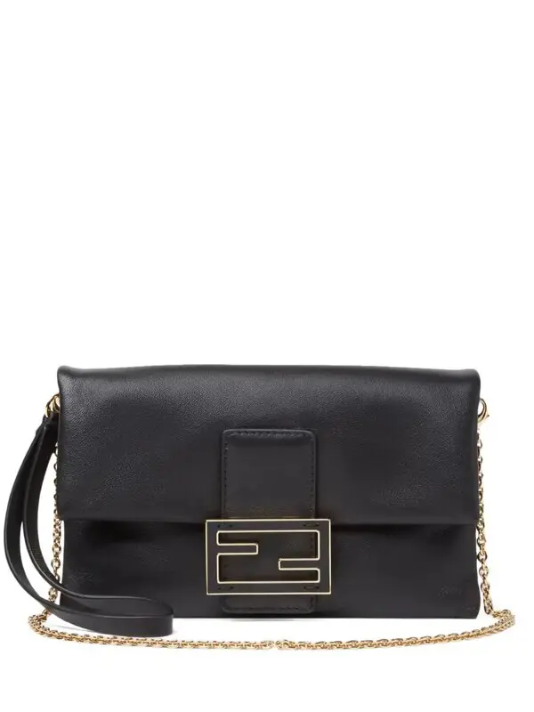 Fendi Nappa Leather Mamma Baguette Pouch With Chain Strap - Black