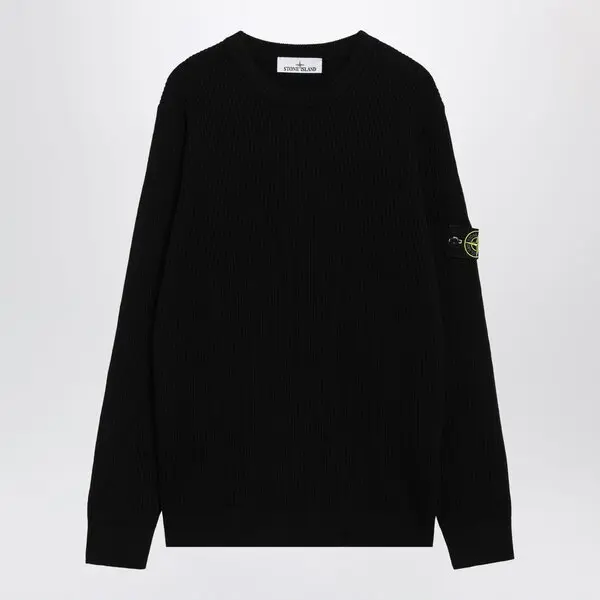 Stone Island Virgin Wool Crew Neck Sweater With Compass Logo Badge - Black