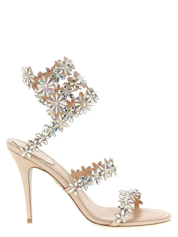Rene Caovilla Eva' Crystal Embellished Floral Leather Sandals - Pink