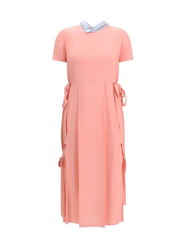 Prada Crêpe Marocain Dress With Embroidered Shirt Collar And Bow Detail