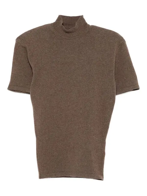Jacquemus Ribbed Cashmere Wool Blend Mock Neck Short Sleeve Top - Brown
