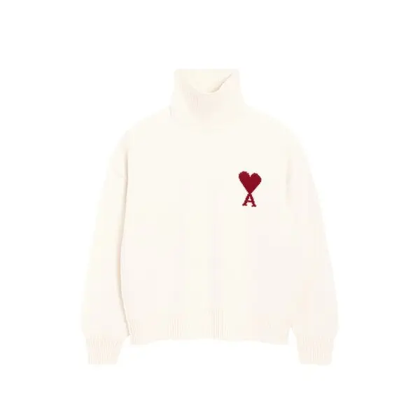 Ami Wool Knit Funnel Neck Jumper With De Coeur Embroidery - Cream