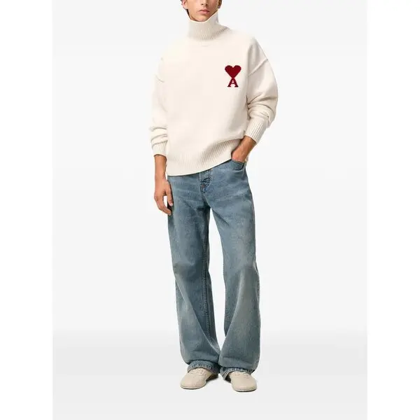 AMI Paris Wool Knit Funnel Neck Jumper With De Coeur Embroidery