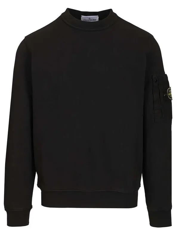 Stone Island Cotton Crewneck Sweatshirt With Sleeve Pocket - Black