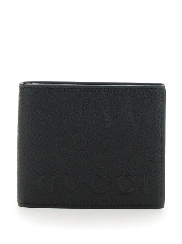 Gucci Black Bi-fold Wallet With Embossed Logo Lettering On The Front In Grained Leather - Multicolor