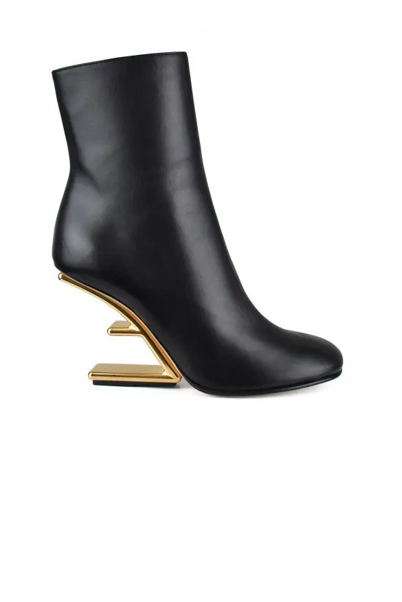 Fendi Leather Ankle Boots With Sculptural Gold Heel - Black