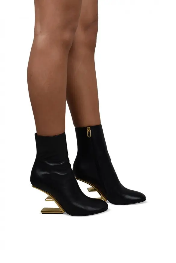 Fendi Leather Ankle Boots With Sculptural Gold Heel - Black