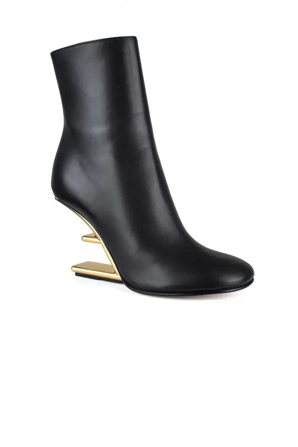 Fendi Leather Ankle Boots With Sculptural Gold Heel - Black