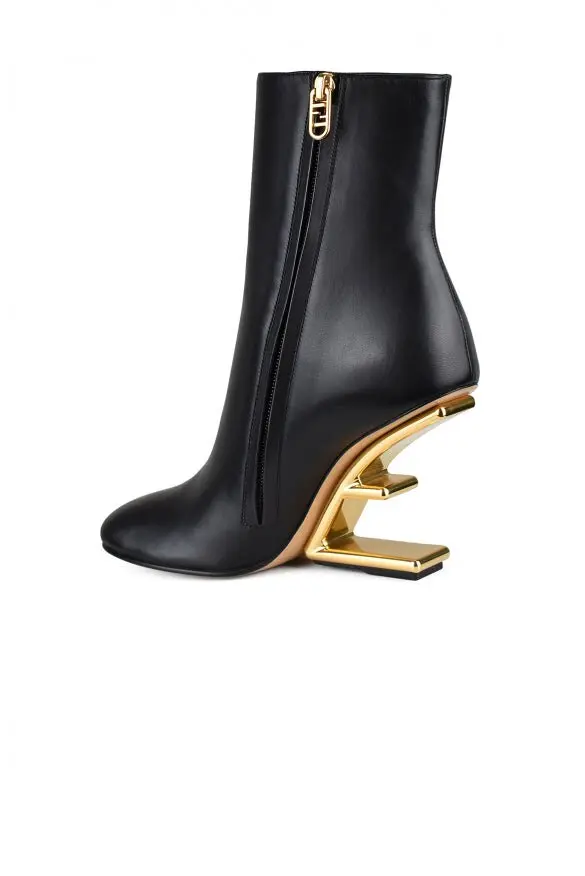Fendi Leather Ankle Boots With Sculptural Gold Heel - Black