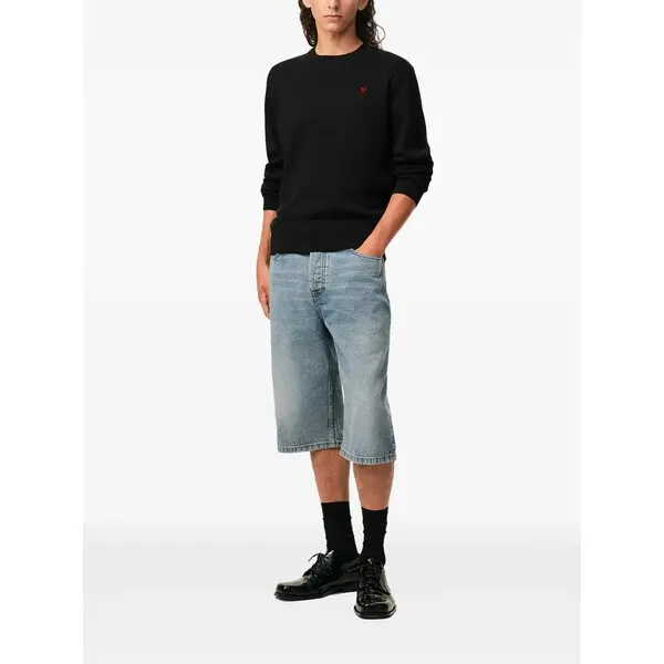 AMI Paris Merino Wool Crew Neck Sweater With De Coeur Embroidery - Black