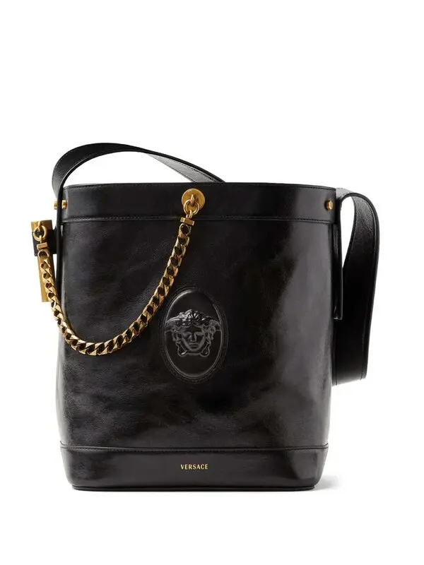 Versace Pivot Small Leather Bucket Bag - Black