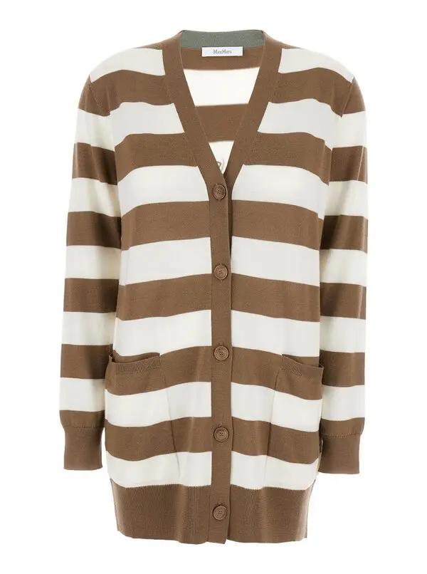 Max Mara Wool Cardigan With Striped Motif And Embroidered Back Detail - Multicolor