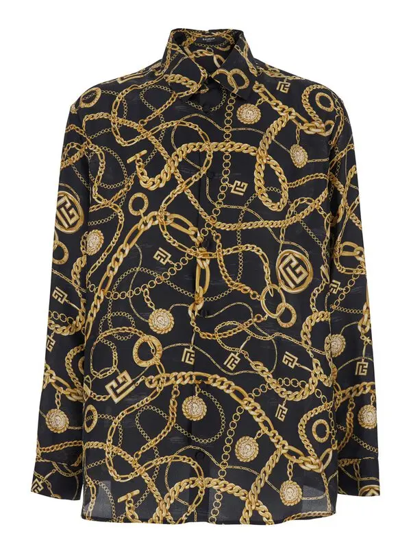 Balmain Black Shirt With Pointed Collar And Chain Print With Logo In Silk