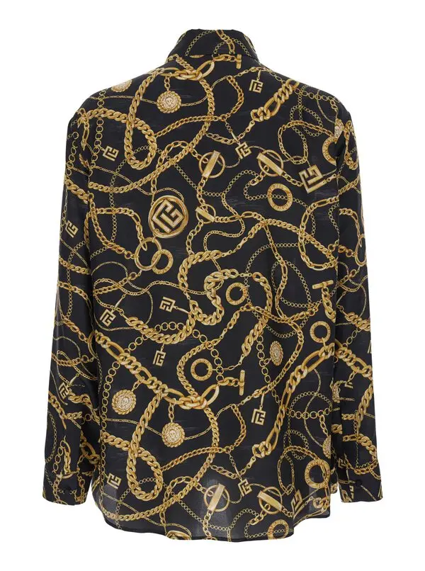 Balmain Black Shirt With Pointed Collar And Chain Print With Logo In Silk
