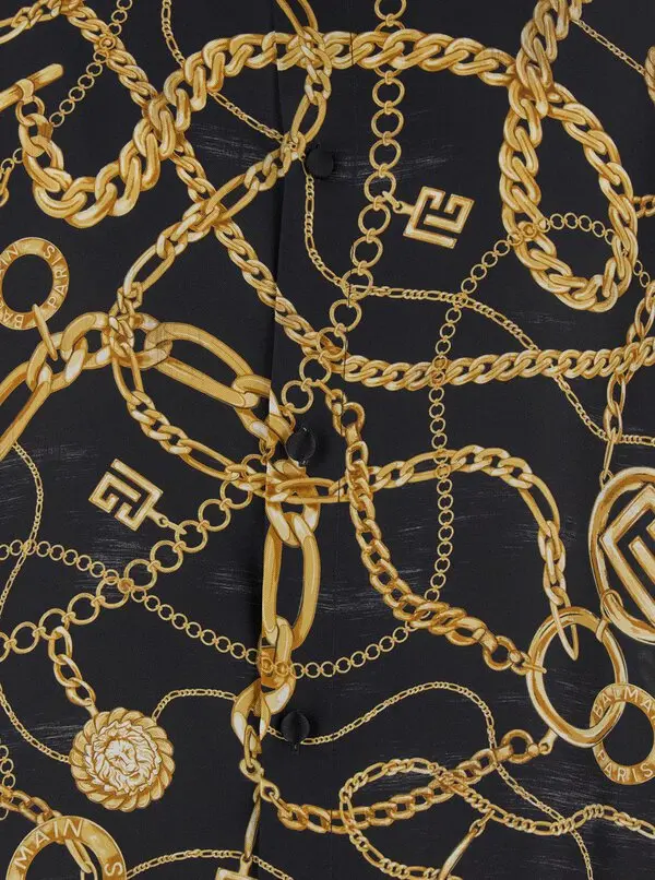 Balmain Black Shirt With Pointed Collar And Chain Print With Logo In Silk