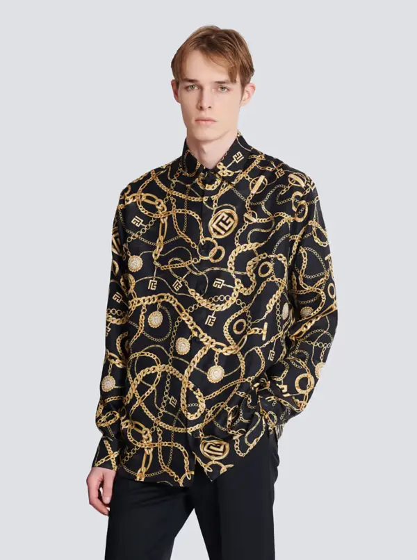 Balmain Black Shirt With Pointed Collar And Chain Print With Logo In Silk