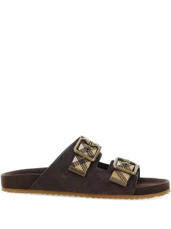 Burberry Suede Flat Sandals With Checked Straps And Buckles - Brown