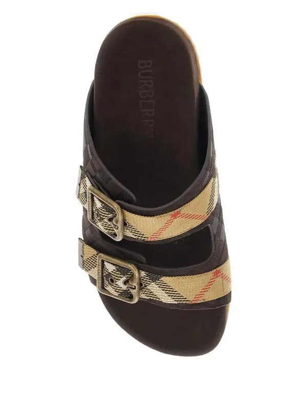 Burberry Suede Flat Sandals With Checked Straps And Buckles - Brown