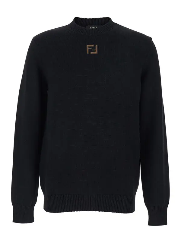Fendi Crewneck Sweater With Ff Embroidery In Wool - Black