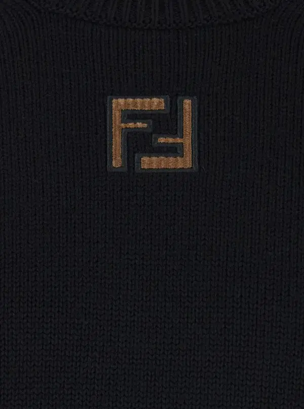 Fendi Crewneck Sweater With Ff Embroidery In Wool - Black