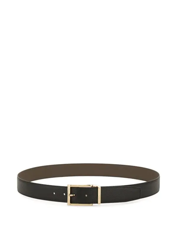 FERRAGAMO Gancini Hammered Leather Reversible Belt With Gold Rectangle Buckle - Black