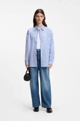 Hugo Striped Cotton Oversized Blouse With Logo Detail