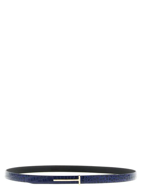 TOM FORD Crocodile Effect Leather Belt With Metal Logo Buckle - Blue