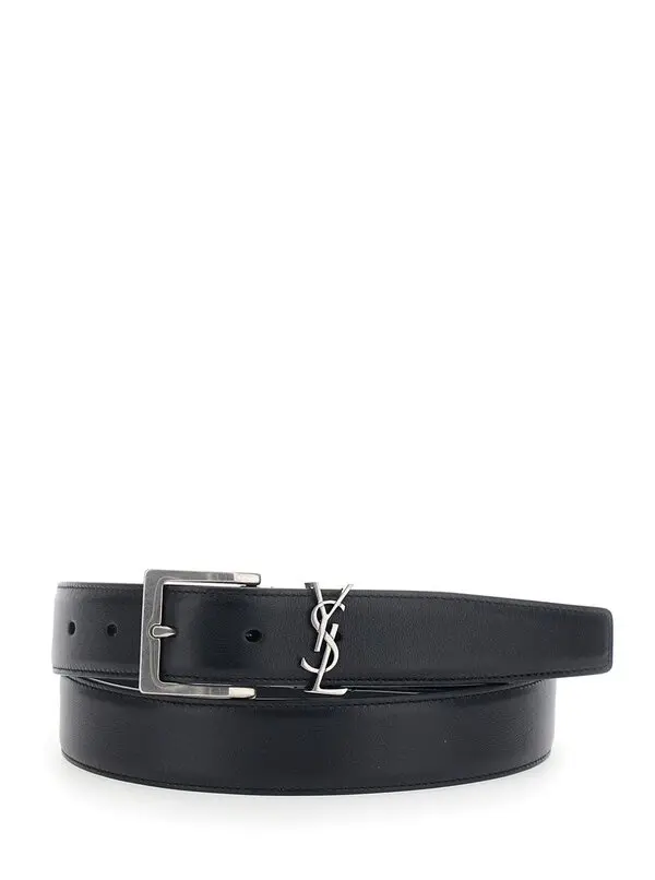 Saint Laurent Cassandre Plate Leather Belt - Black