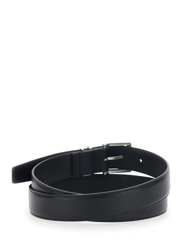 Saint Laurent Cassandre Plate Leather Belt - Black