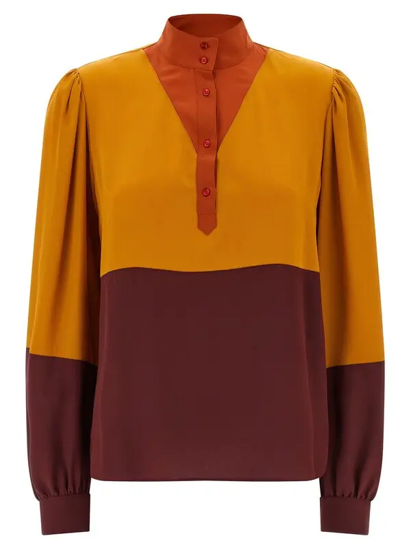 Saint Laurent Color-block High Neck Silk Blouse - Multicolor