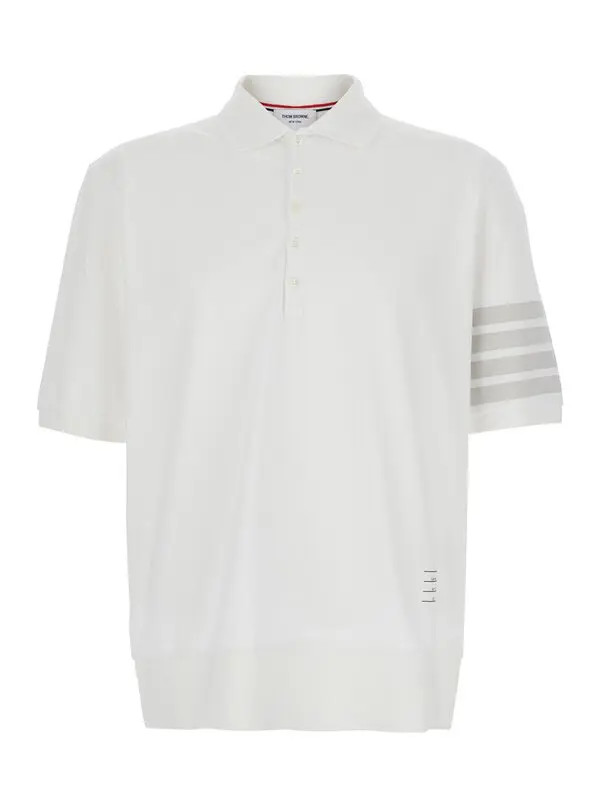 Thom Browne White Polo With Classic Collar And 4-bar Detail On Sleeve In Cotton For