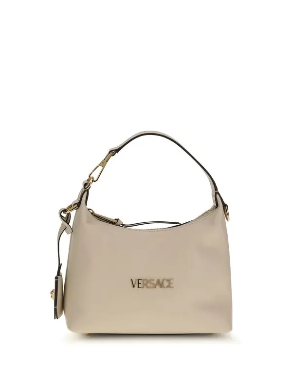 Versace Leather Hobo Handbag With Monogram Plaque