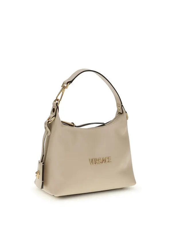 Versace Leather Hobo Handbag With Monogram Plaque