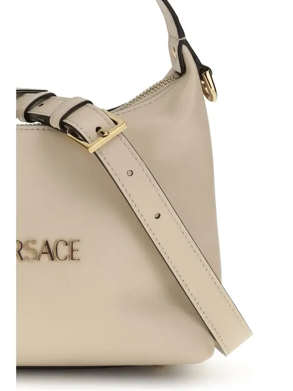 Versace Leather Hobo Handbag With Monogram Plaque