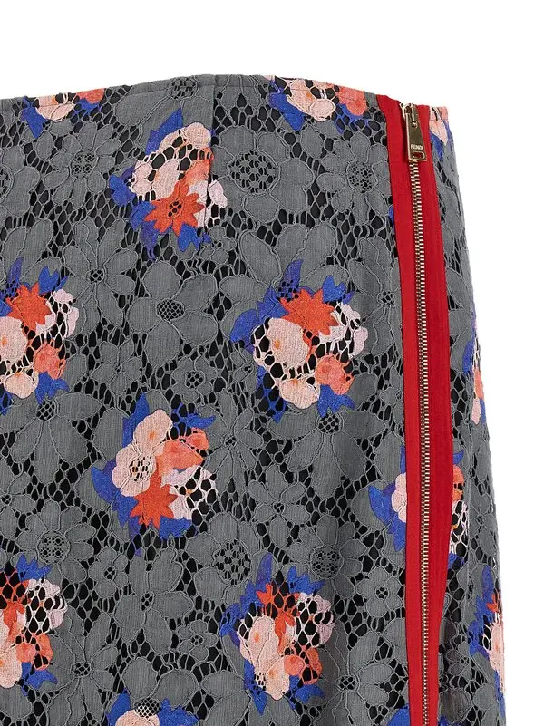 Fendi Lace Midi Skirt With Floral Motif - Gray